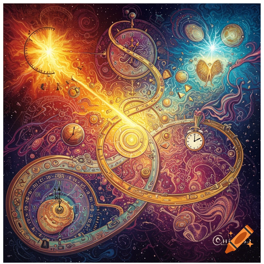 A psychedelic abstract painting of a timeline with clocks, gears ...