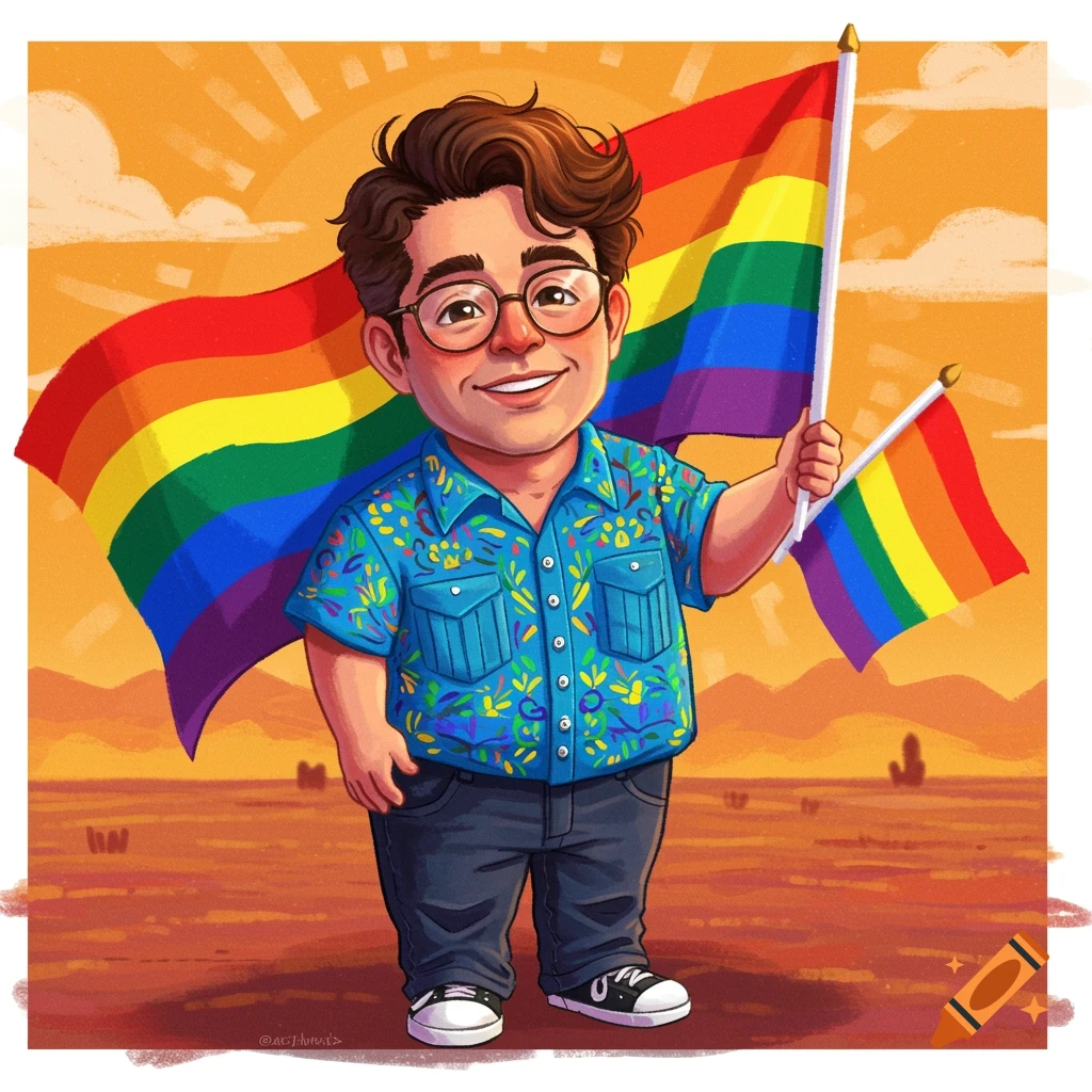 Cartoon of a short person with glasses holding two rainbow pride flags ...