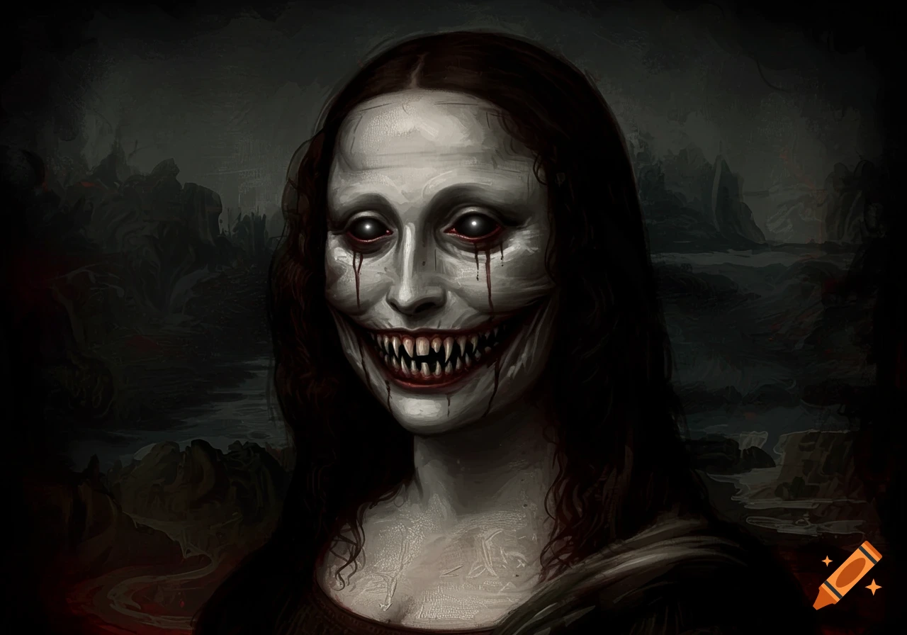 Horror painting of Mona Lisa with glowing eyes, blood tears, and sharp teeth. on Craiyon