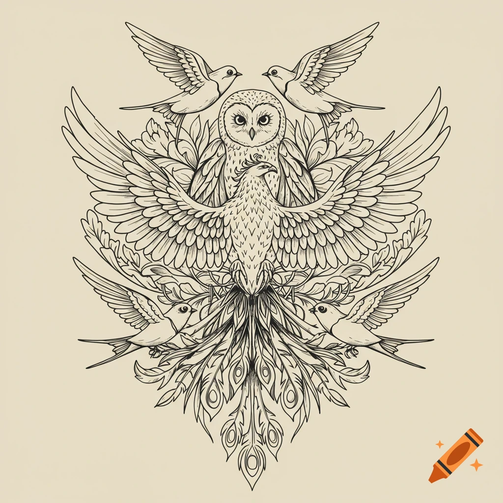 Symmetrical line art drawing of an owl and phoenix in the center ...