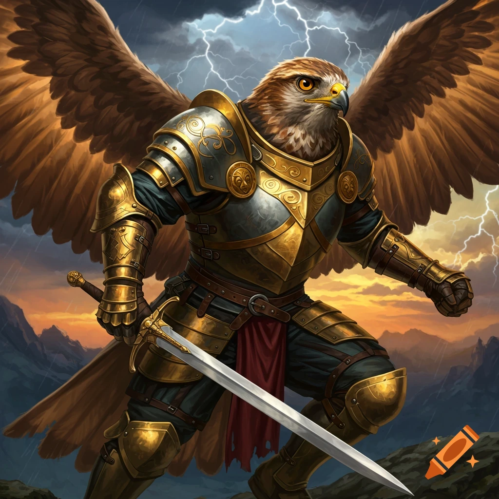 Anthropomorphic hawk in gold and silver armor holding a sword in a ...