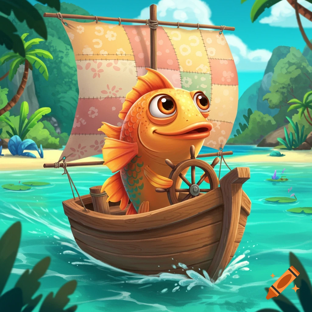 A cheerful cartoon fish drives a wooden boat with a patched sail ...