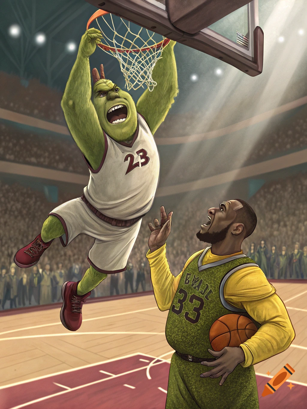 Illustration of Shrek dunking on LeBron James during a basketball game ...