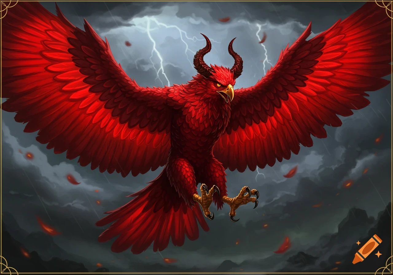 A large red eagle with horns flies through a stormy sky with lightning ...