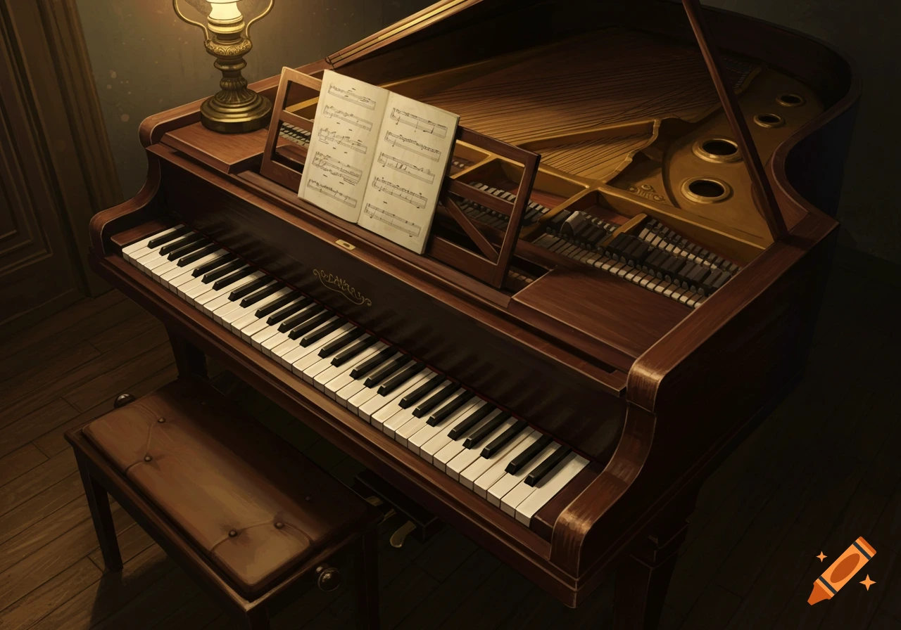 An old-fashioned grand piano with sheet music and a lamp. on Craiyon