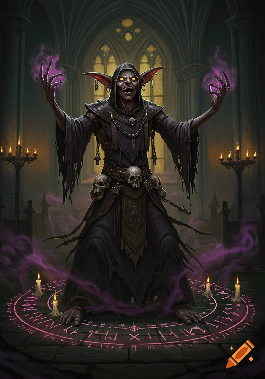 A dark fantasy illustration of a shadow goblin priest raising its hands ...