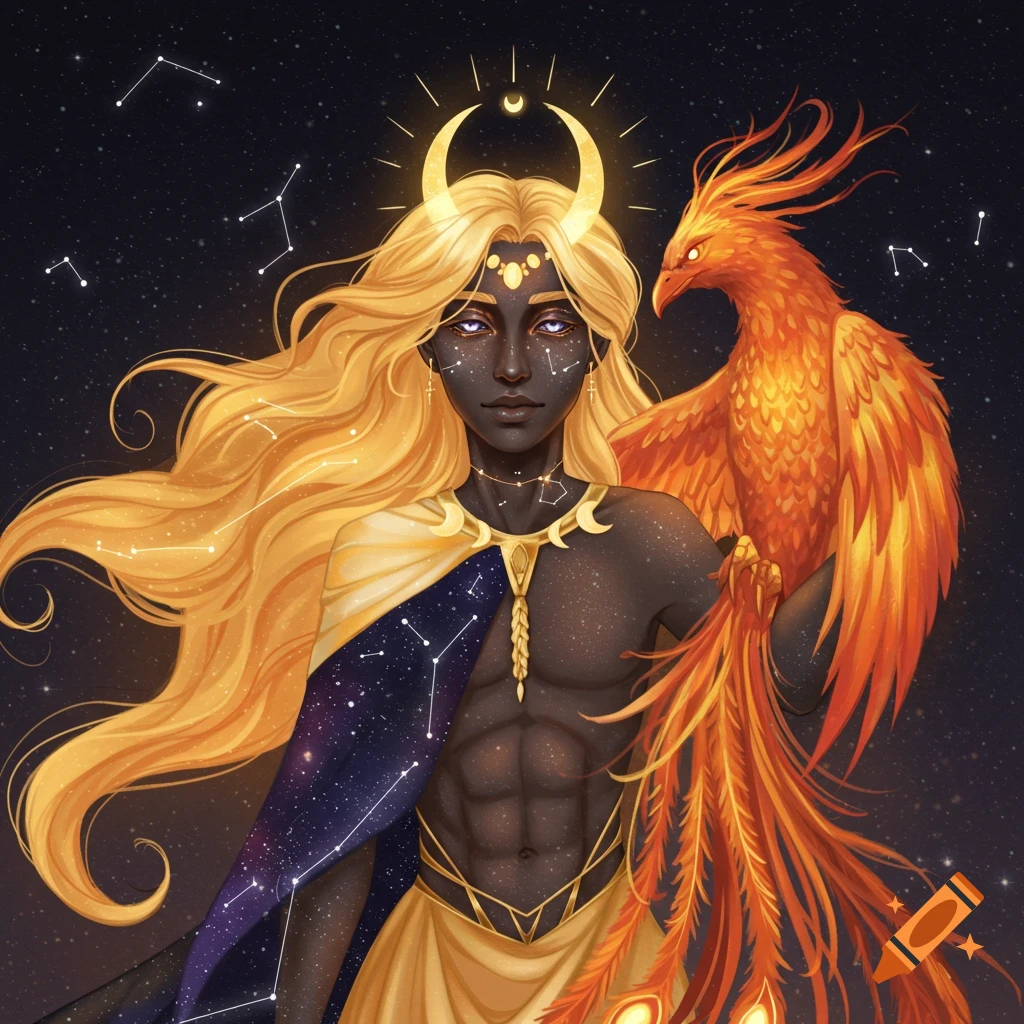 Fantasy figure with golden hair, starry body, and moon crown holds a ...
