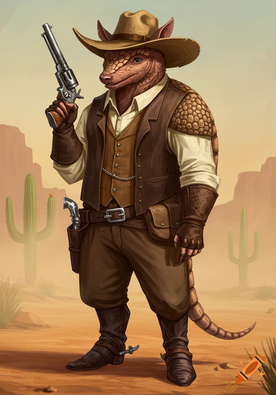 An anthropomorphic armadillo cowboy stands in a desert holding a revolver. on Craiyon