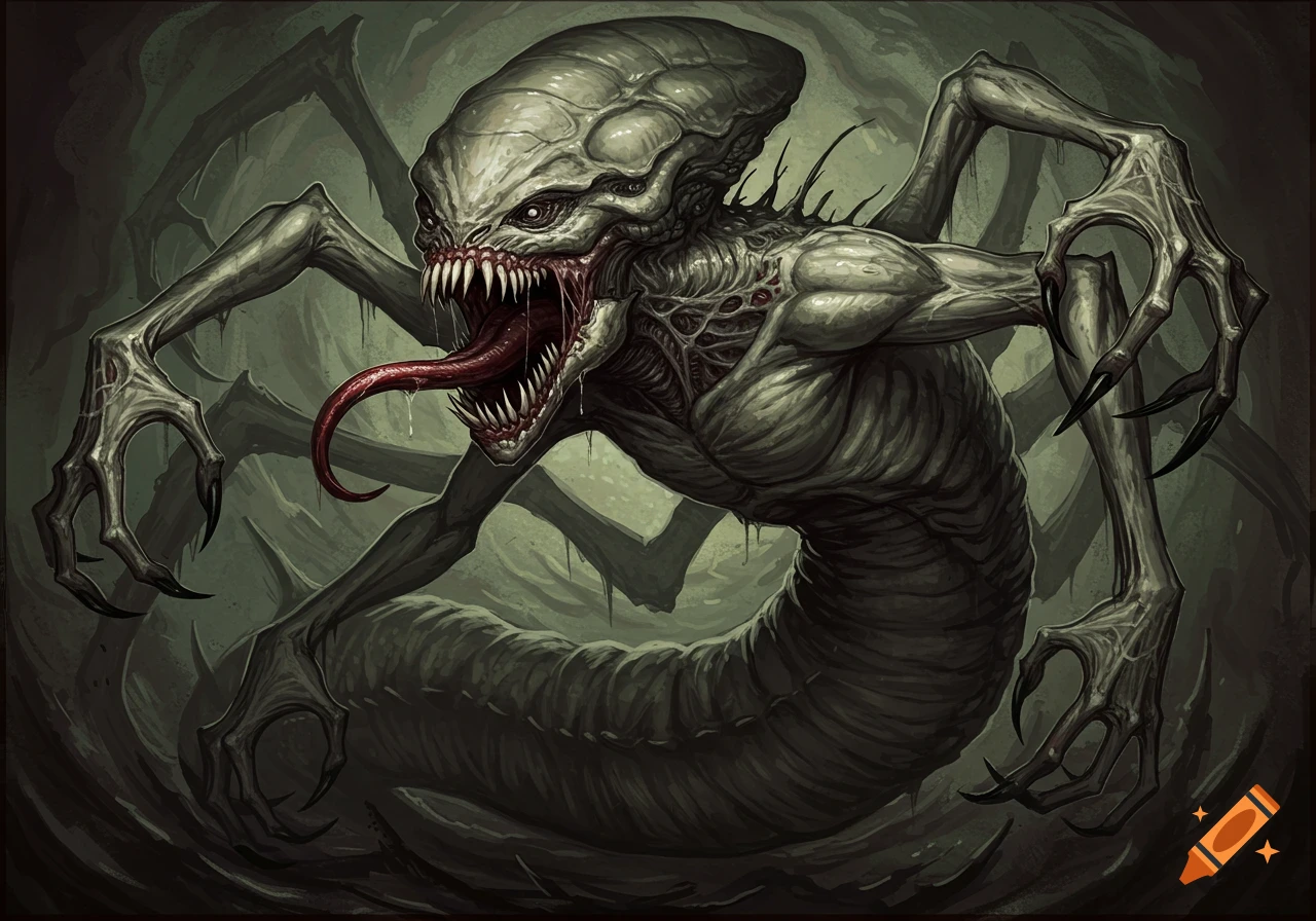 A grotesque monster with sharp teeth, long tongue, and clawed limbs in ...