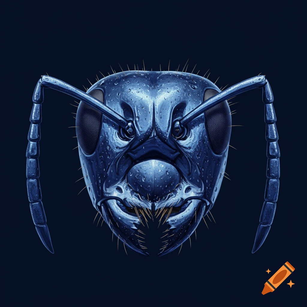Close up of a detailed blue metallic ant head with water droplets. on ...