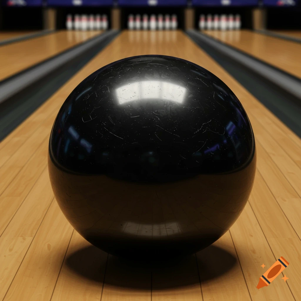 A black bowling ball sits on a wooden bowling lane, with blurred bowling pins in the background ...