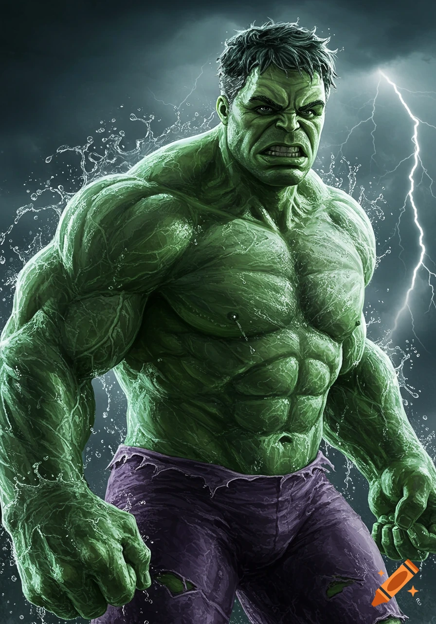 Muscular green Hulk stands in purple pants amid splashing water and ...