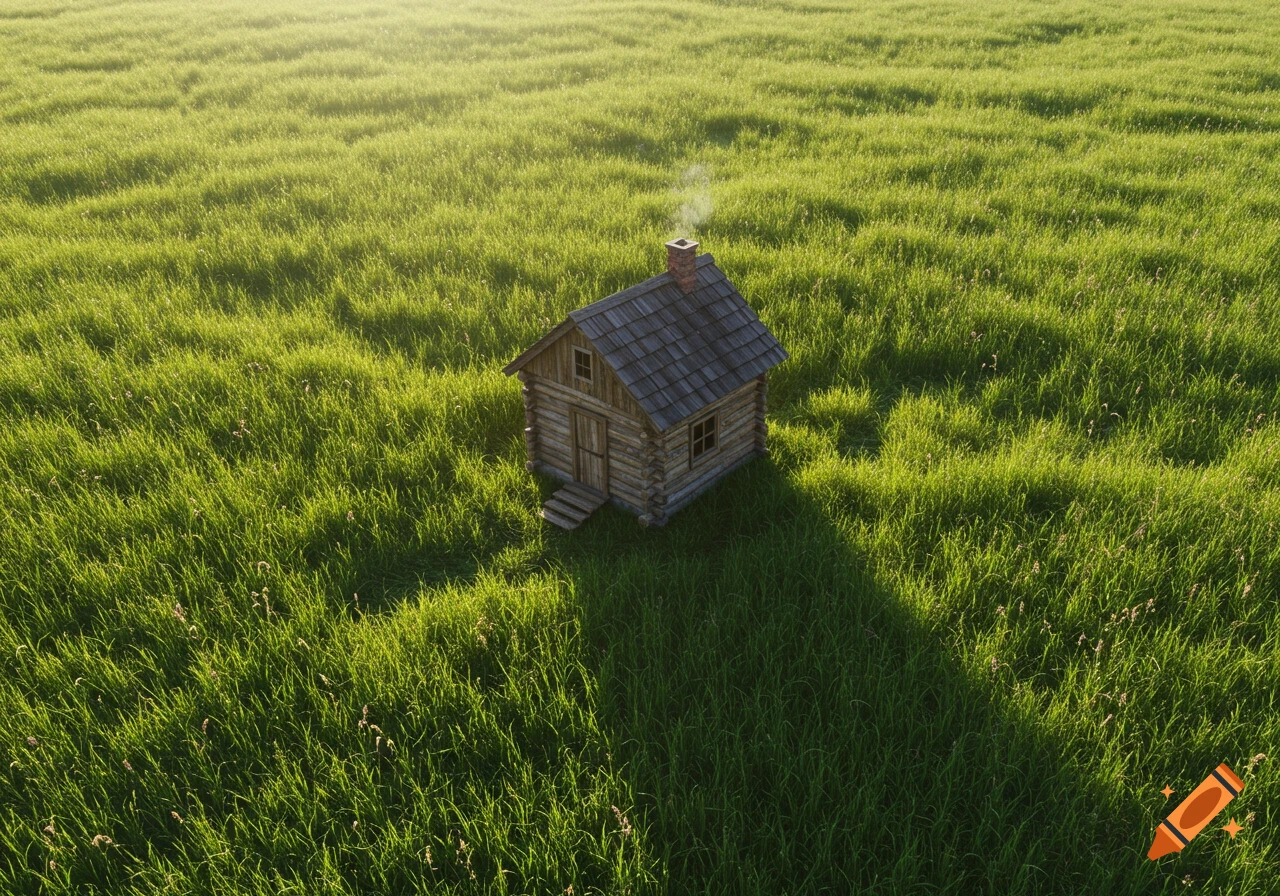 Aerial view of a small log cabin in a vast grassy field with golden ...