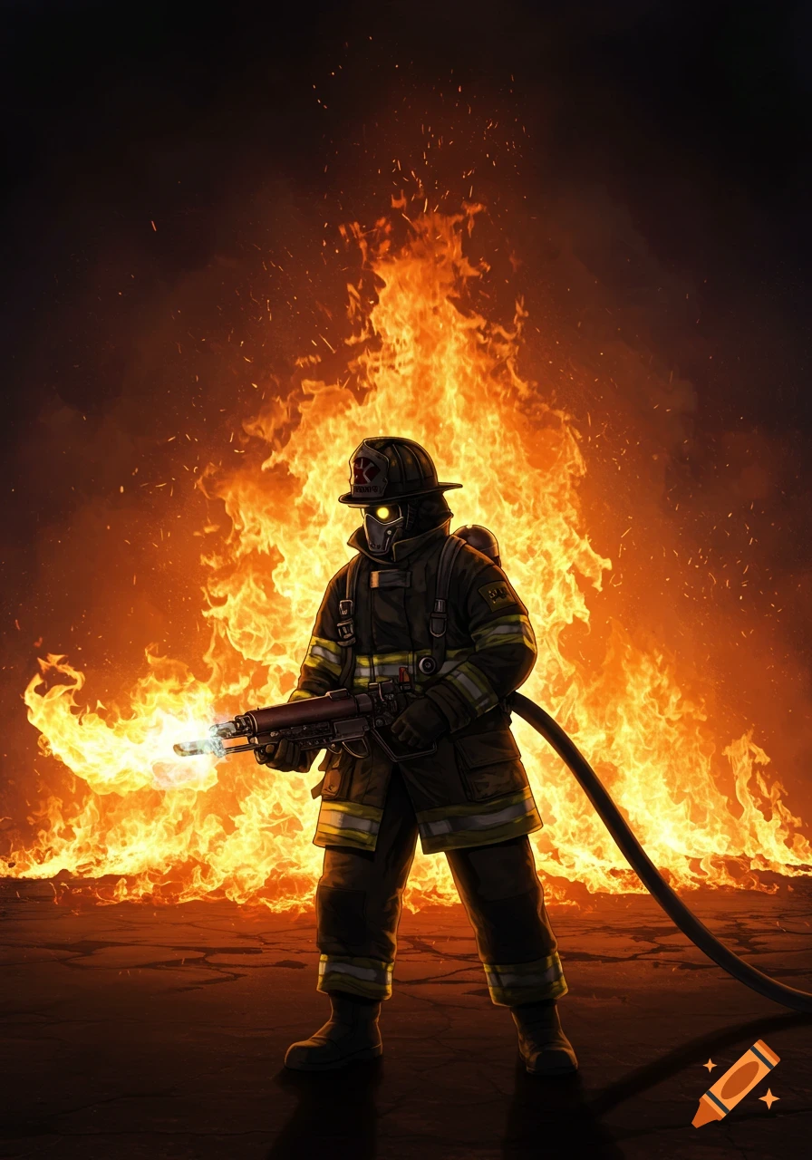 An illustration of a firefighter with a flamethrower standing in front ...