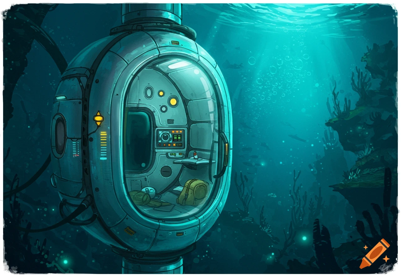 Illustrated subnautica life pod underwater with light rays, fish, and ...
