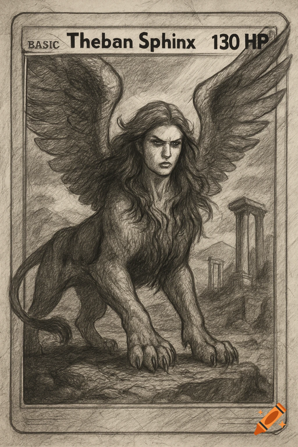 Pencil sketch of a Theban Sphinx on a trading card. on Craiyon