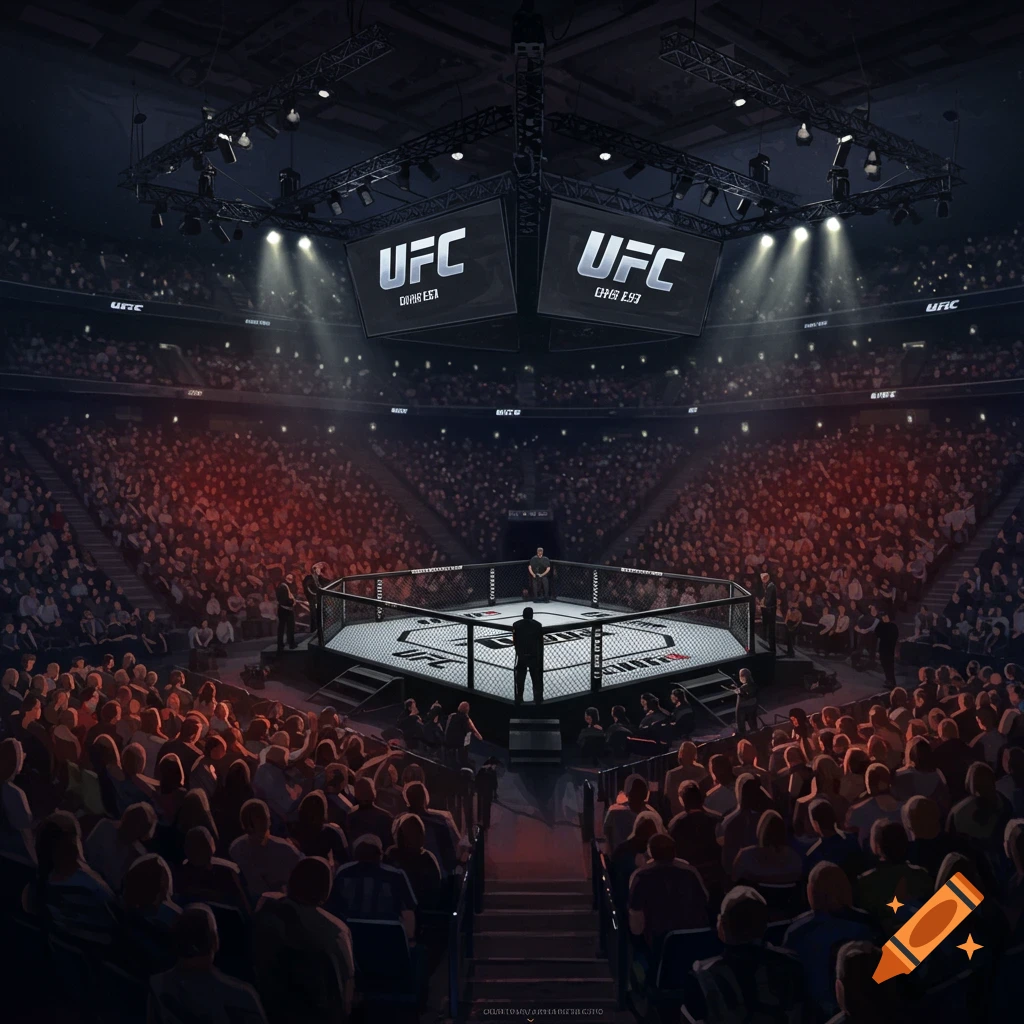 Packed UFC arena with a lighted octagon in the center. on Craiyon