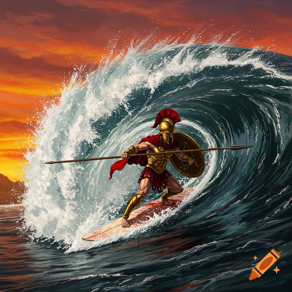 Spartan warrior surfing a large wave at sunset. on Craiyon