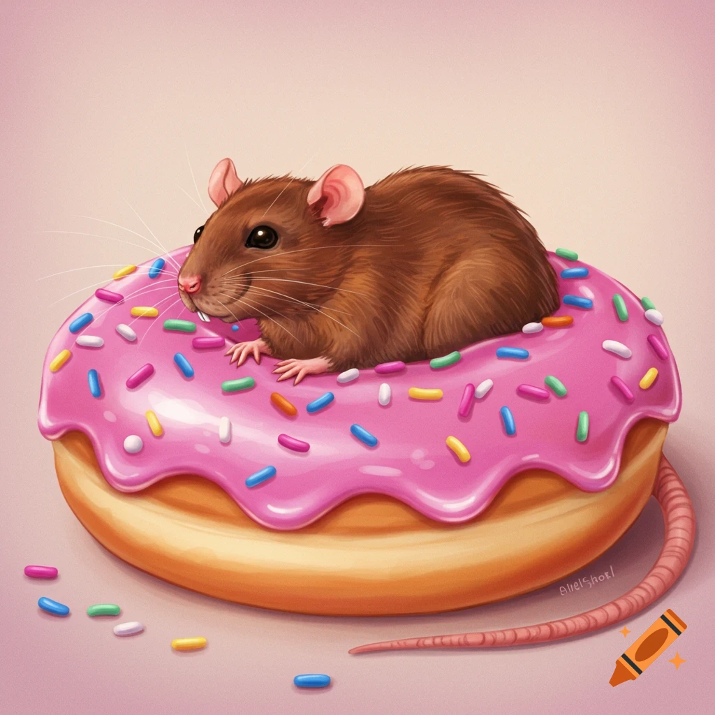 An illustration of a brown rat sitting on a pink-frosted donut with ...