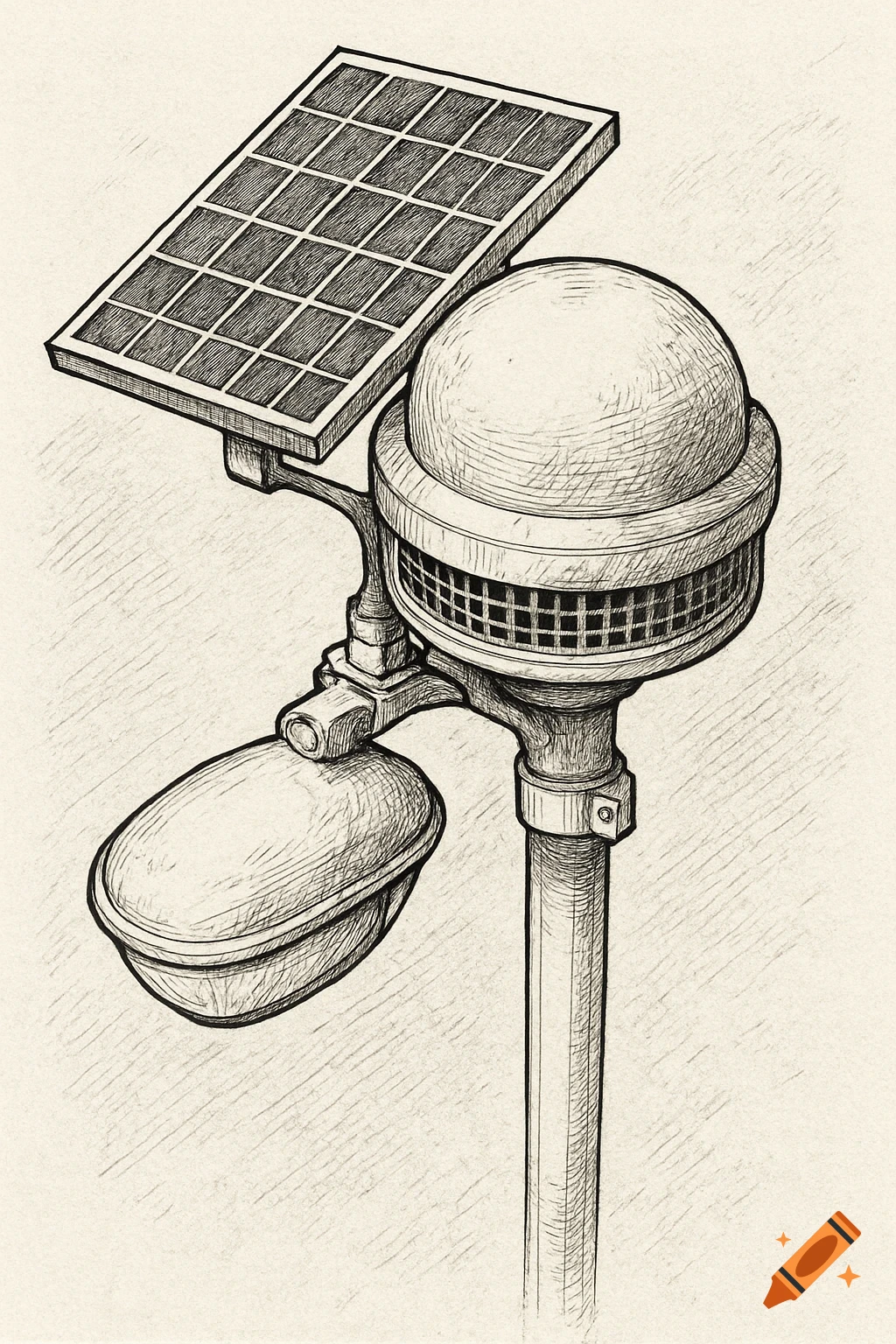 Detailed sketch of a street lamp with a solar panel and spherical air ...