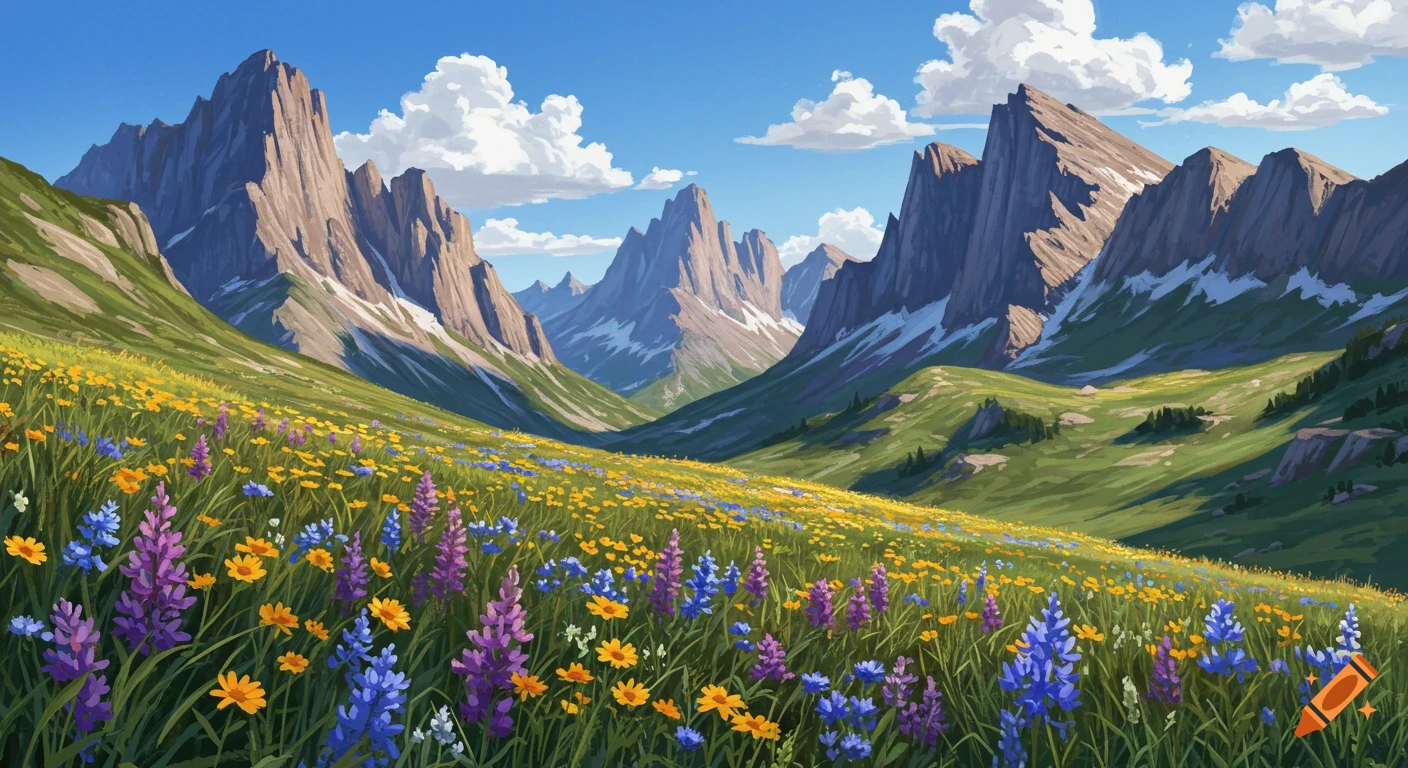 A vibrant mountain landscape with steep peaks, a green valley, and a ...