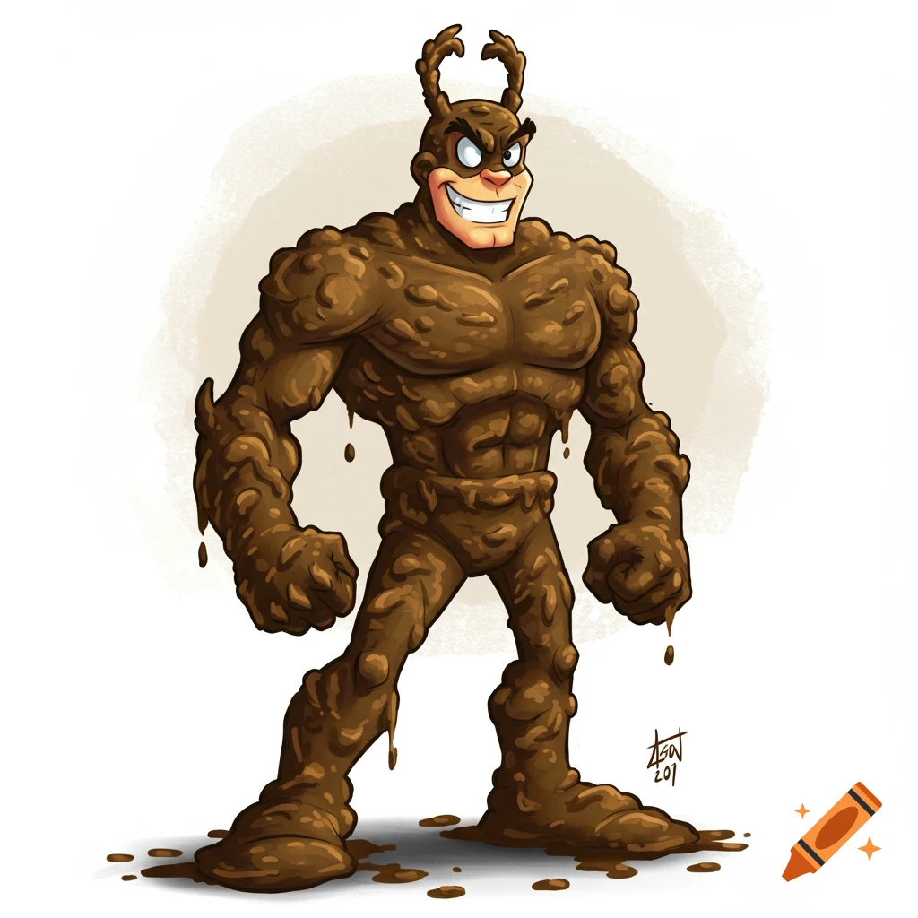 Cartoon character resembling The Tick covered in brown, lumpy substance ...