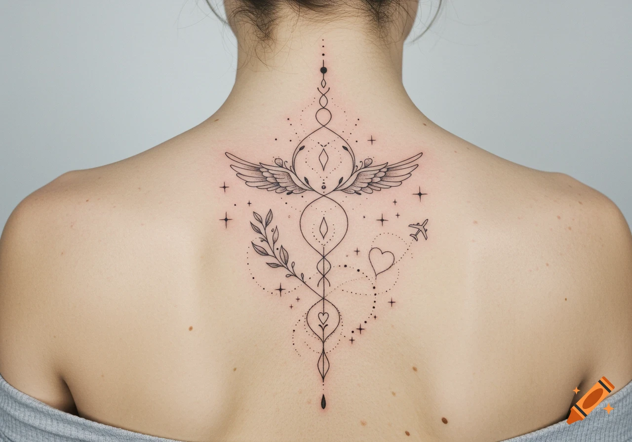 Fine-line tattoo on a person's back with symmetric symbols, wings ...