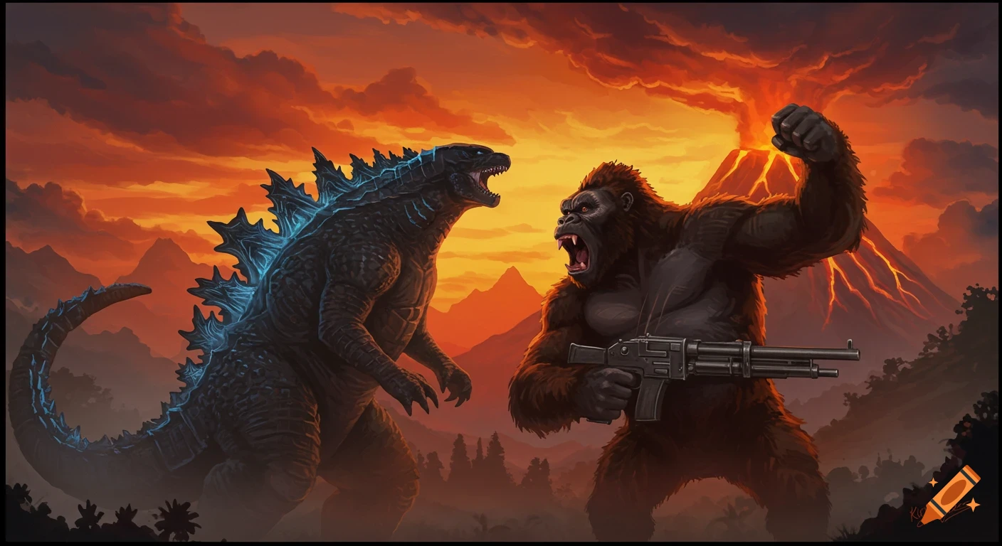 Godzilla and King Kong fight with a volcano erupting behind them at ...