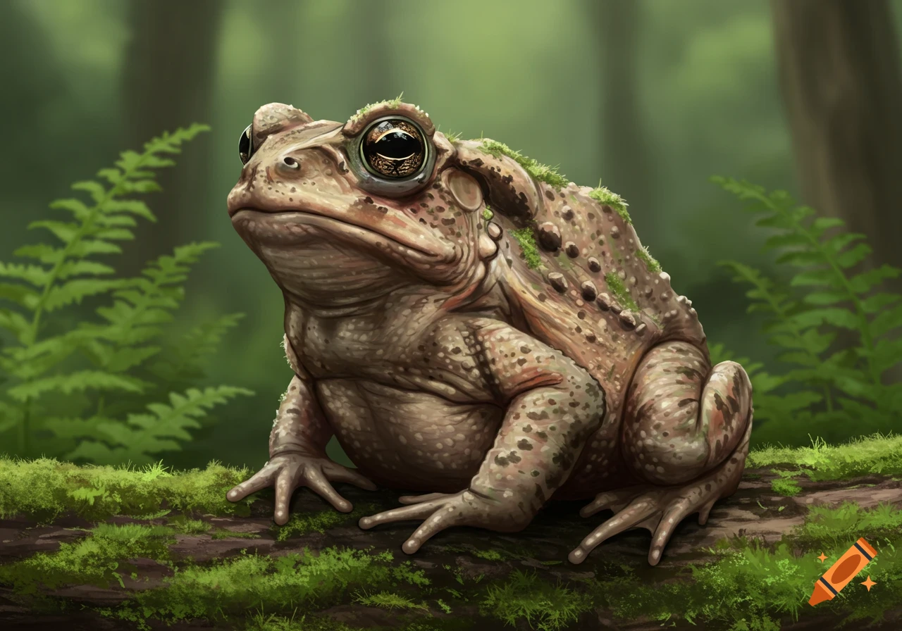 A detailed illustration of an old-looking toad sitting on a moss ...