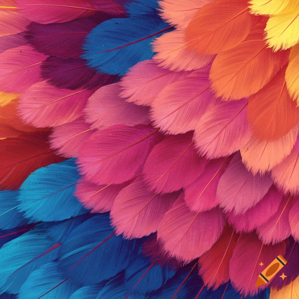 A close-up view of brightly colored feathers in a layered pattern. on ...
