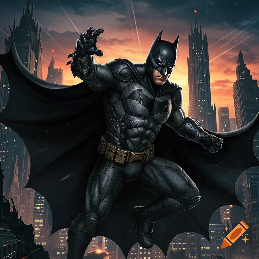 Batman soaring over a city at sunset in a dynamic pose. on Craiyon