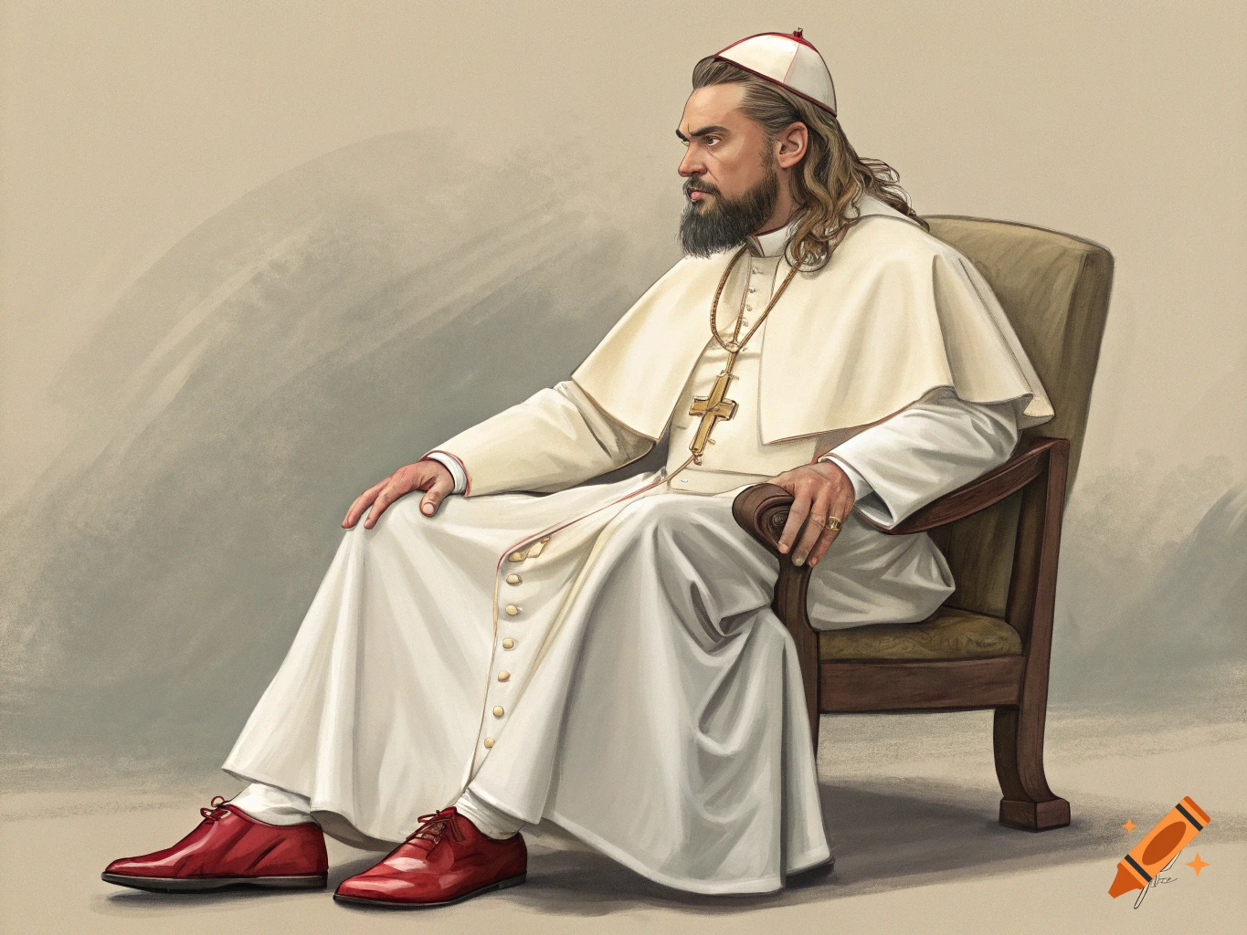 Painting of a man resembling Jason Momoa dressed as the Pope sitting in a chair. on Craiyon