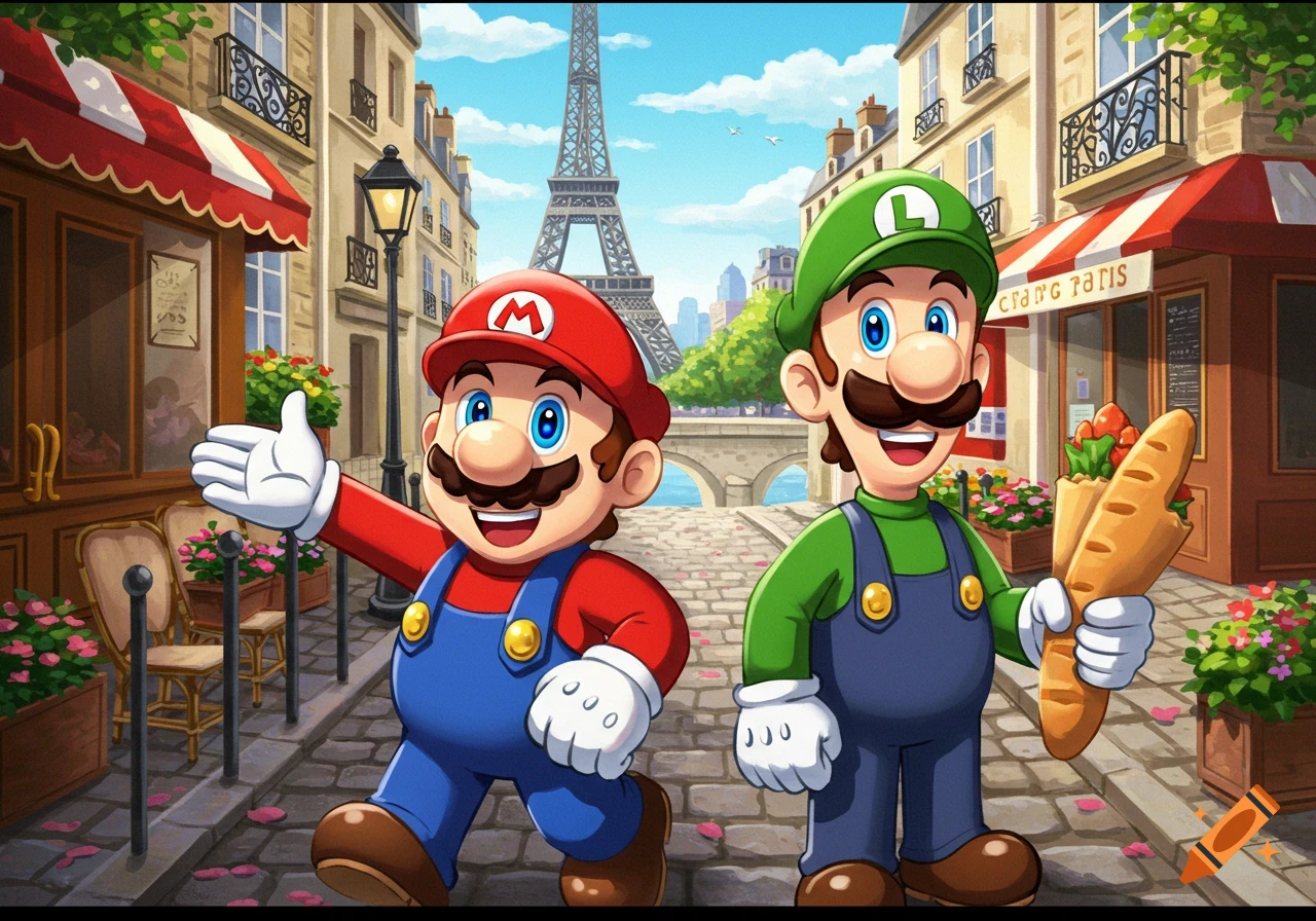 Cartoon illustration of Mario and Luigi on a street in Paris with the ...