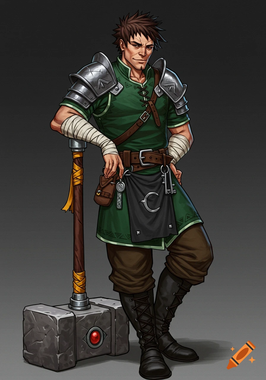 A fantasy character leans on a large stone hammer, wearing a green ...