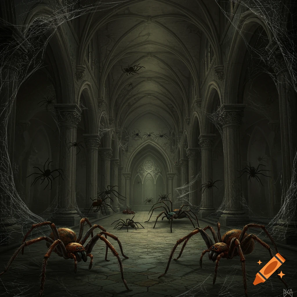 Numerous spiders in a dark, cobweb-filled gothic hall, illustration ...