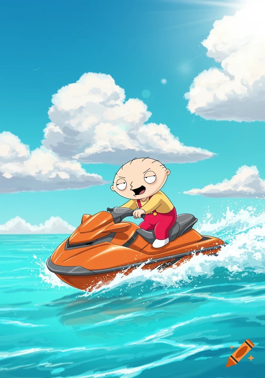 Cartoon character Stewie Griffin riding a jet ski on the ocean. on Craiyon