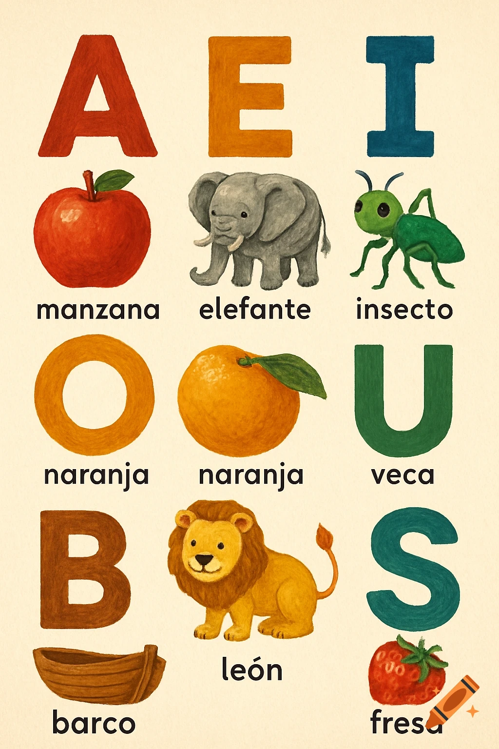 Spanish alphabet chart with illustrated letters, animals, and objects ...