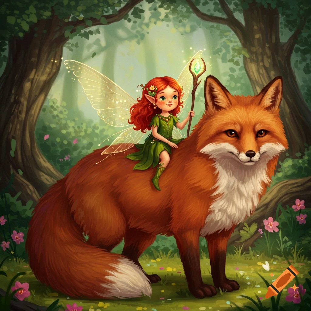 A fairy with red hair and wings rides on the back of a large fox in a ...
