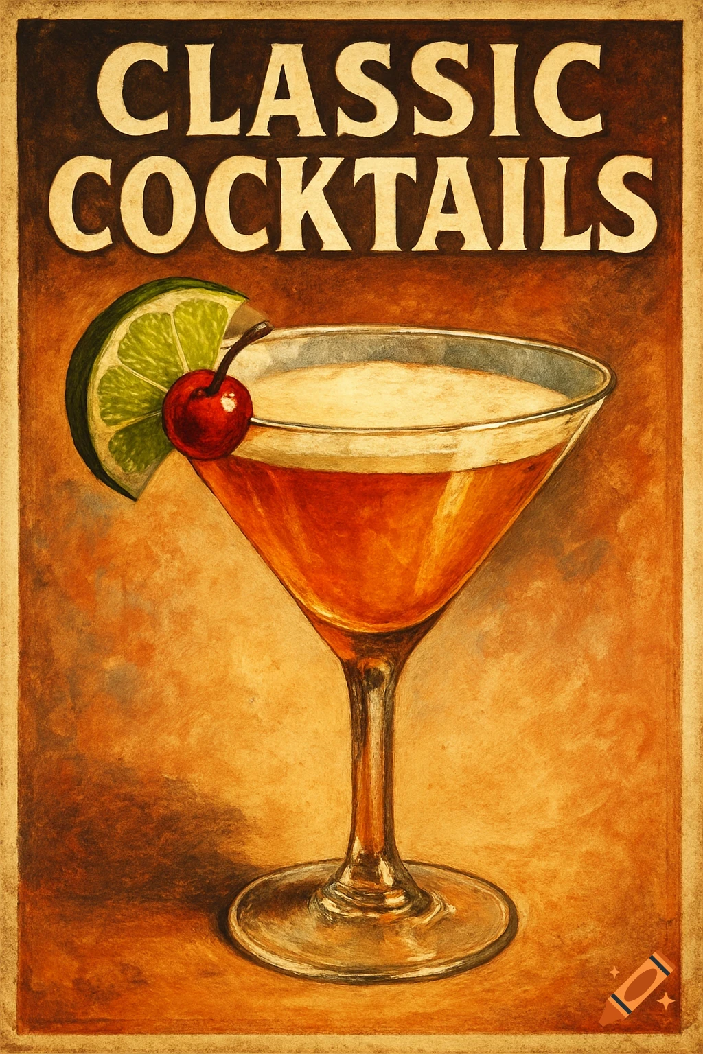 Vintage poster for classic cocktails featuring a drink with lime and cherry on Craiyon