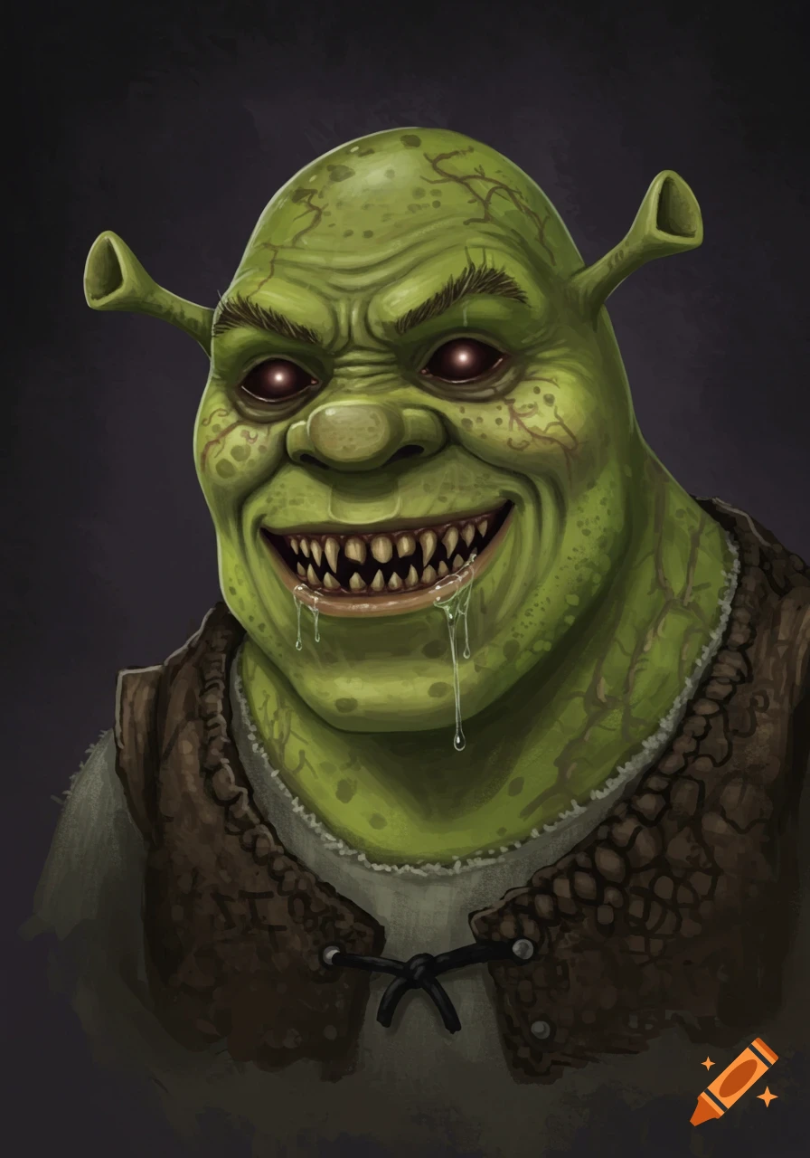 Close-up digital painting of a cursed, scary Shrek with glowing eyes, sharp teeth, and drool. on ...