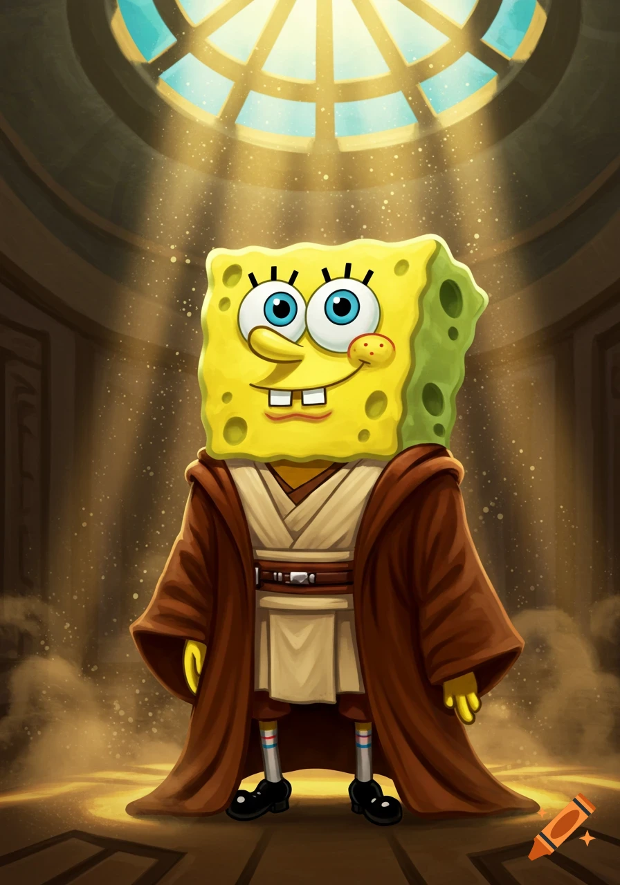 Spongebob dressed as a Jedi knight in a temple. on Craiyon