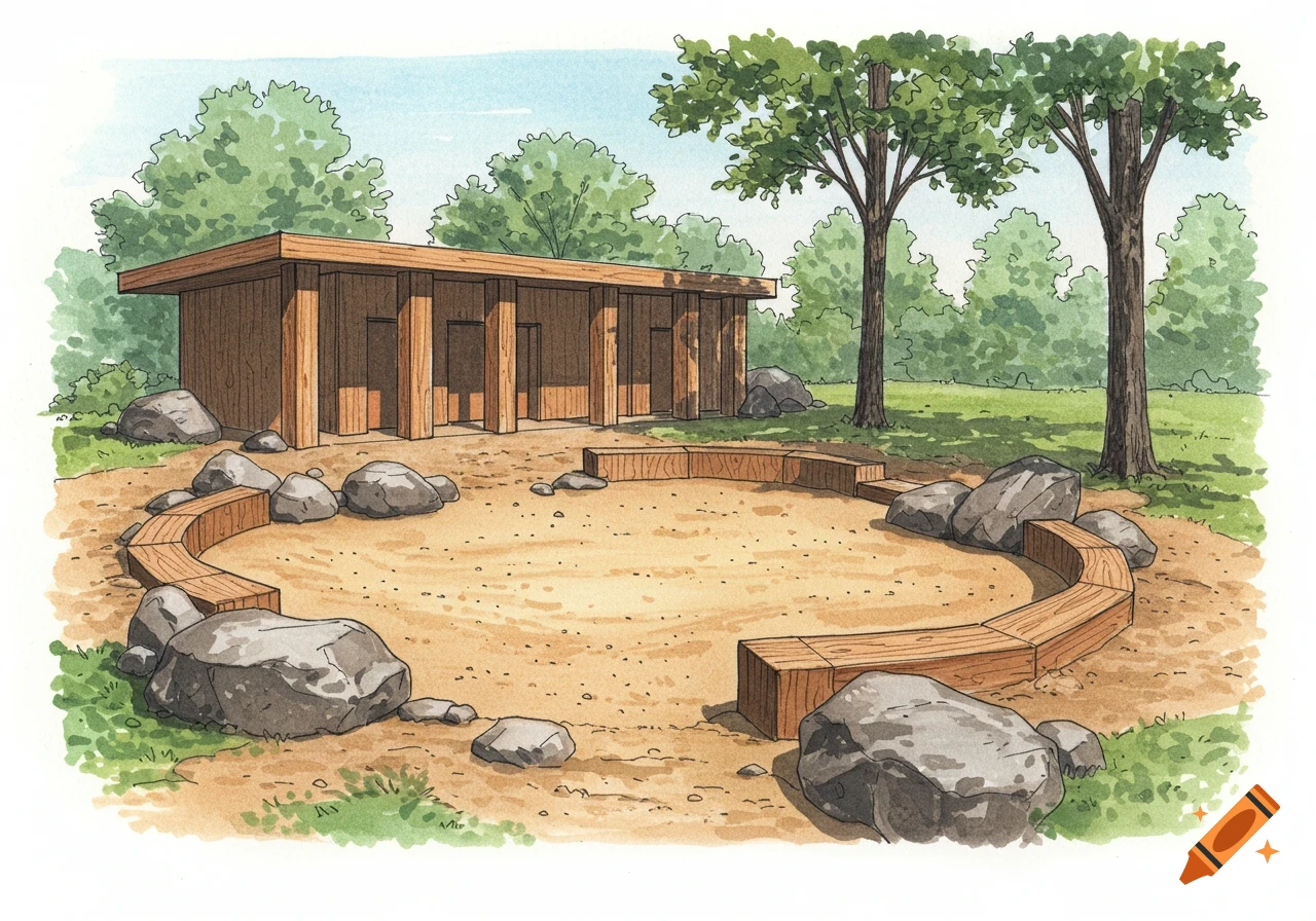 A watercolor or colored pencil drawing of a sandpit with curved wooden ...