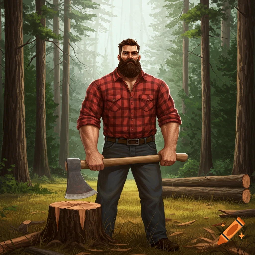 A strong lumberjack in a red plaid shirt holds an axe in a forest. on ...