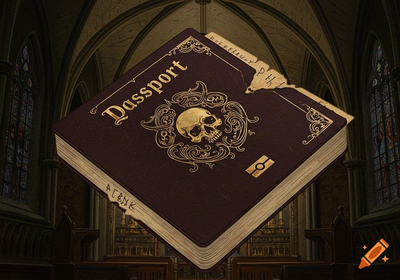 A gothic style passport with a gold skull design sits angled in front ...