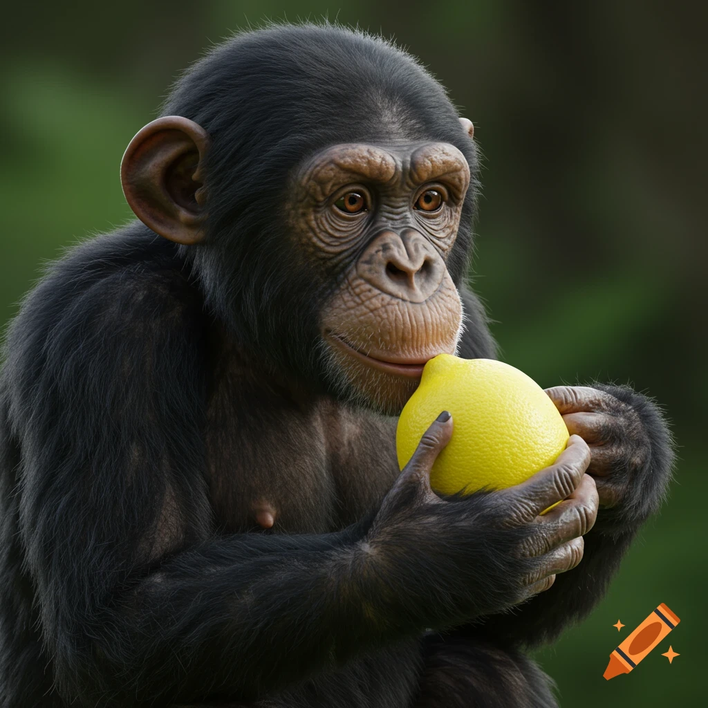 A photorealistic chimpanzee holding a bright yellow lemon. on Craiyon