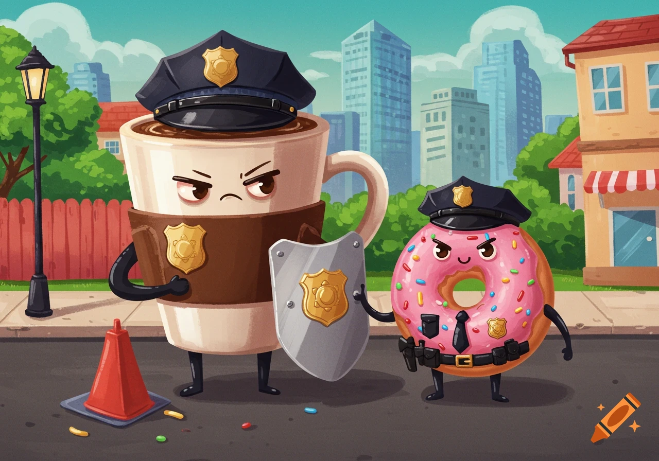 A cartoon coffee cup and donut dressed as police officers stand on a ...