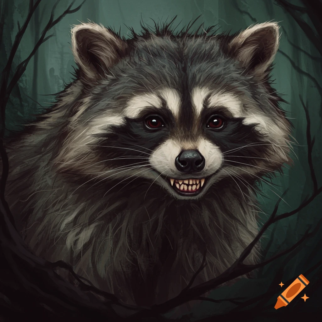 A stylized illustration of a raccoon with sharp teeth peeking through ...