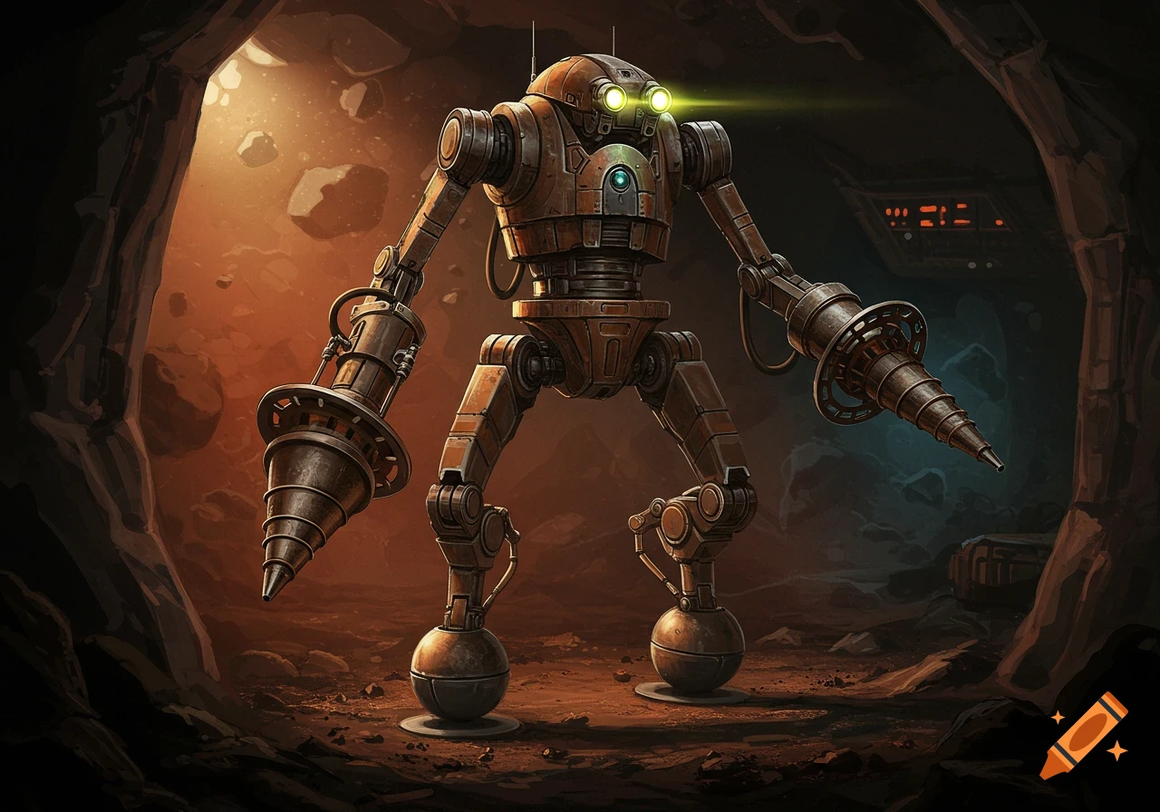 A detailed robotic mining droid with drill arms stands in a dimly lit ...