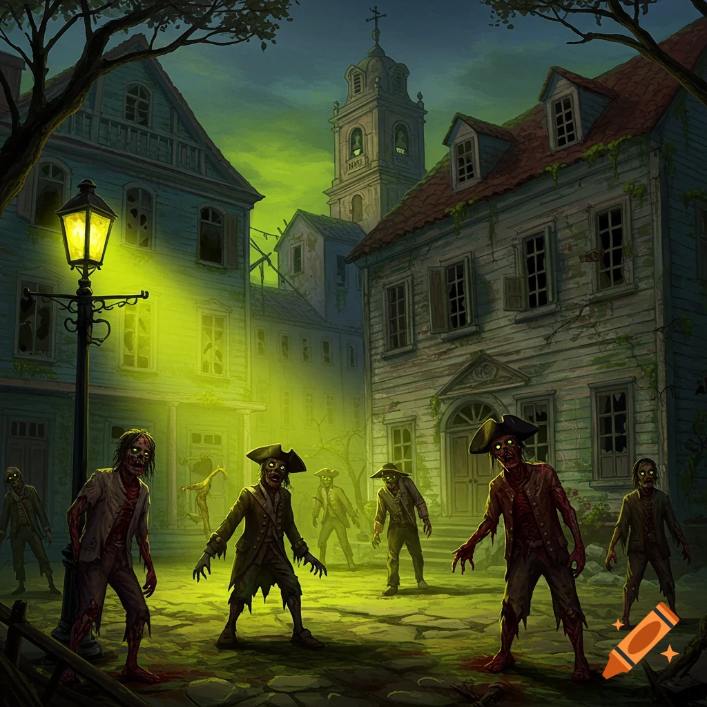 Zombies stumble through an old street at night under eerie green light ...
