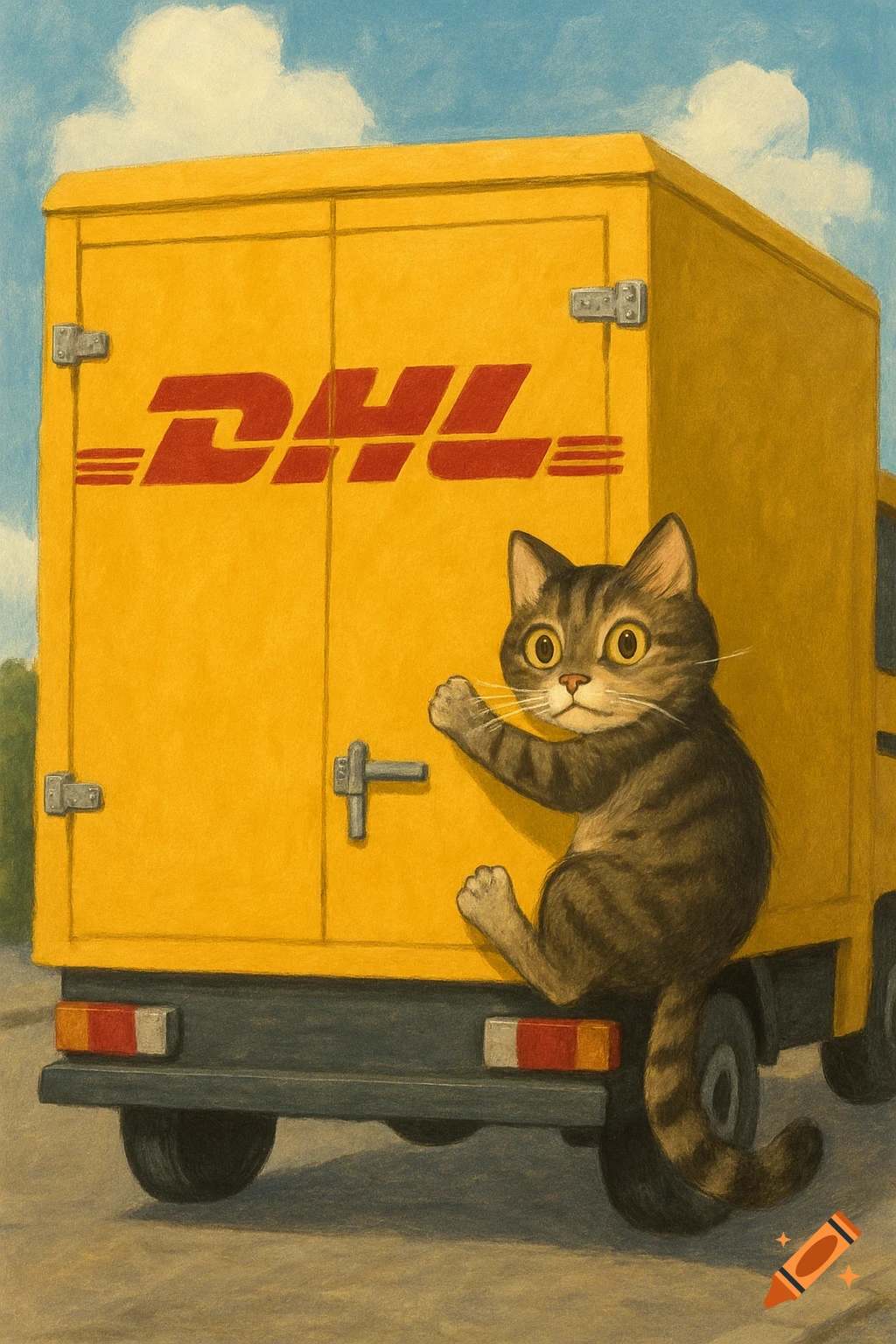 A cat climbs onto the back of a yellow DHL delivery truck. Illustration. on Craiyon